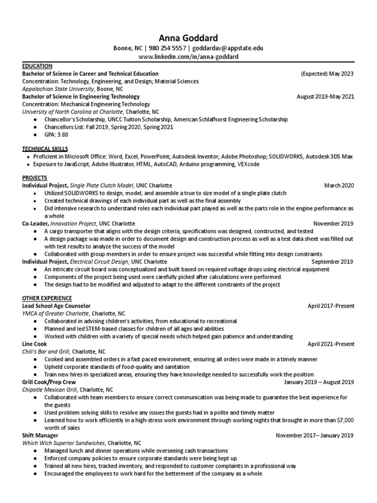 Anna Goddard Resume 2-25 | PDF | Engineering | Design