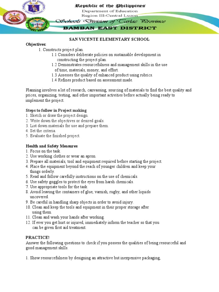 San Vicente Elementary School Objectives:: Steps To Follow in Project ...