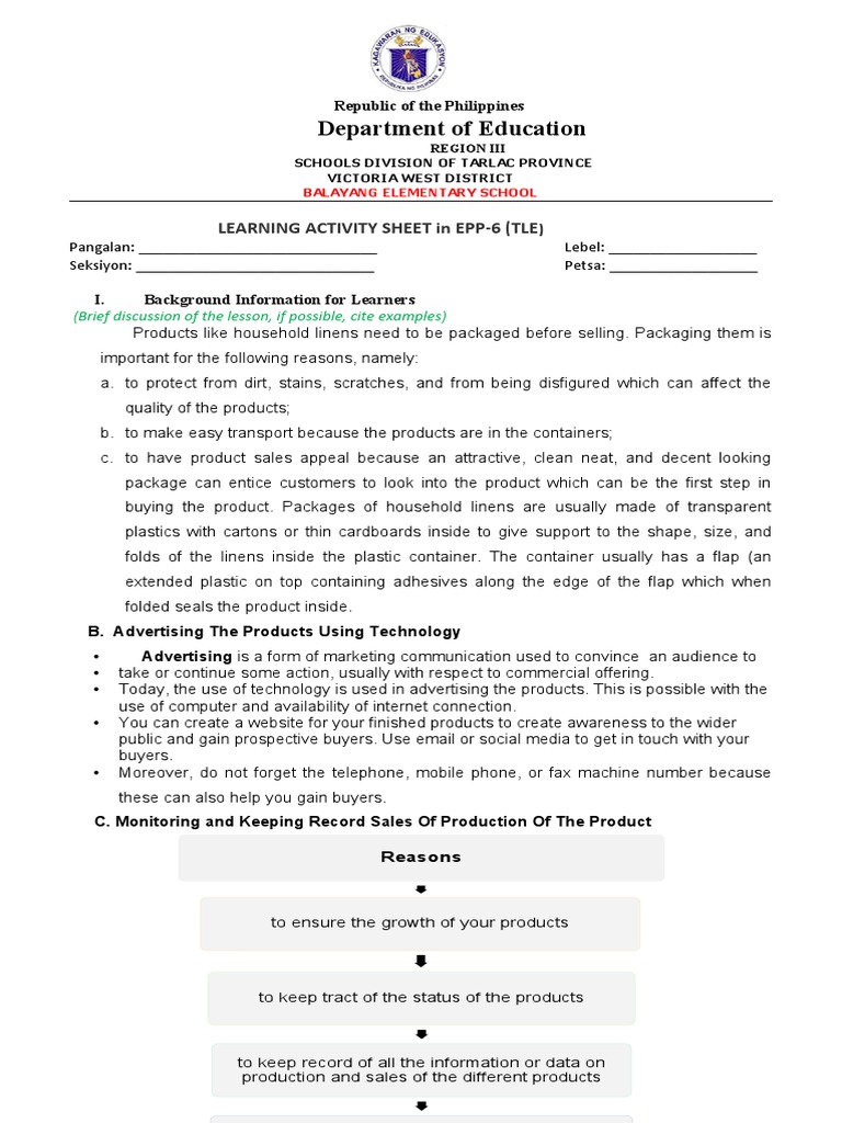 Department of Education: Learning Activity Sheet in Epp-6 (Tle | PDF | Advertising | Sales