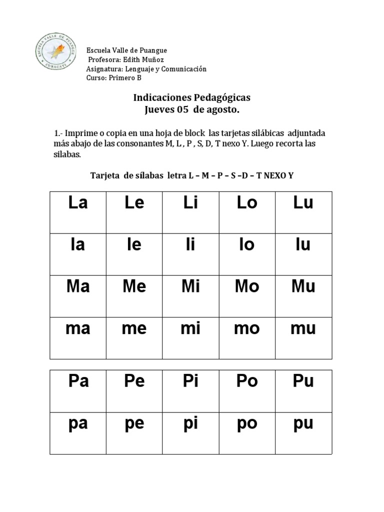 Tarjeta de Sílabas Letra L, M, P y S | PDF