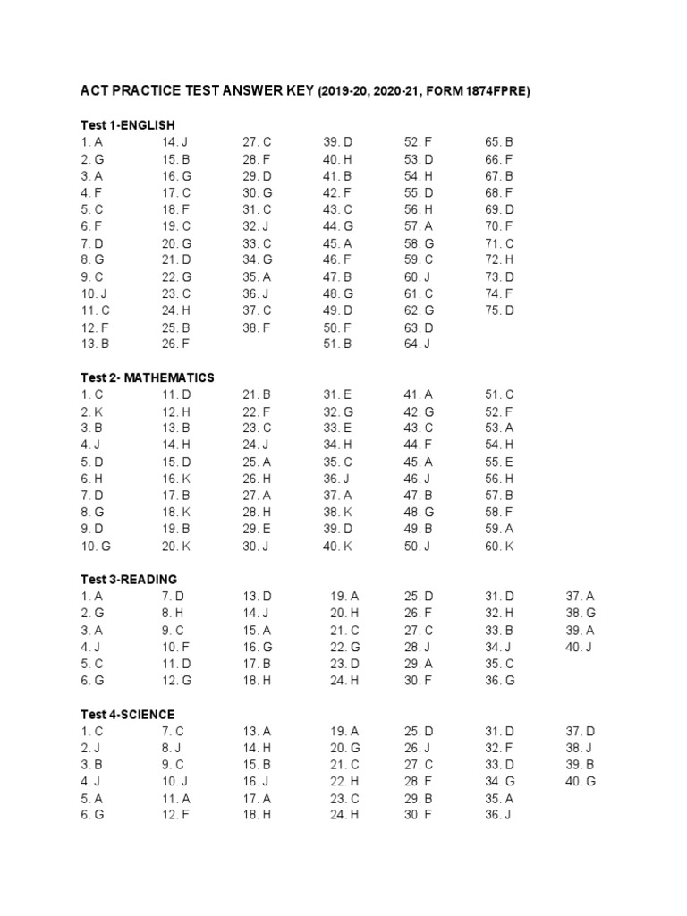 20-21 Preparing For The ACT Answer Key | PDF