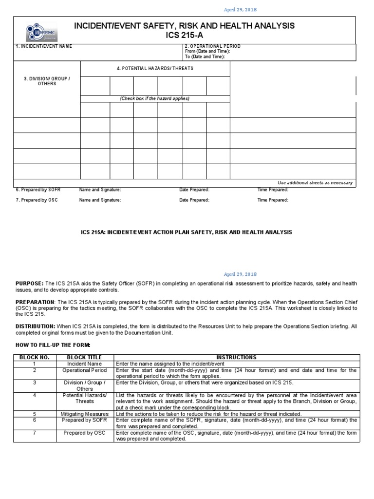 Incident/Event Safety, Risk and Health Analysis ICS 215-A: From (Date ...