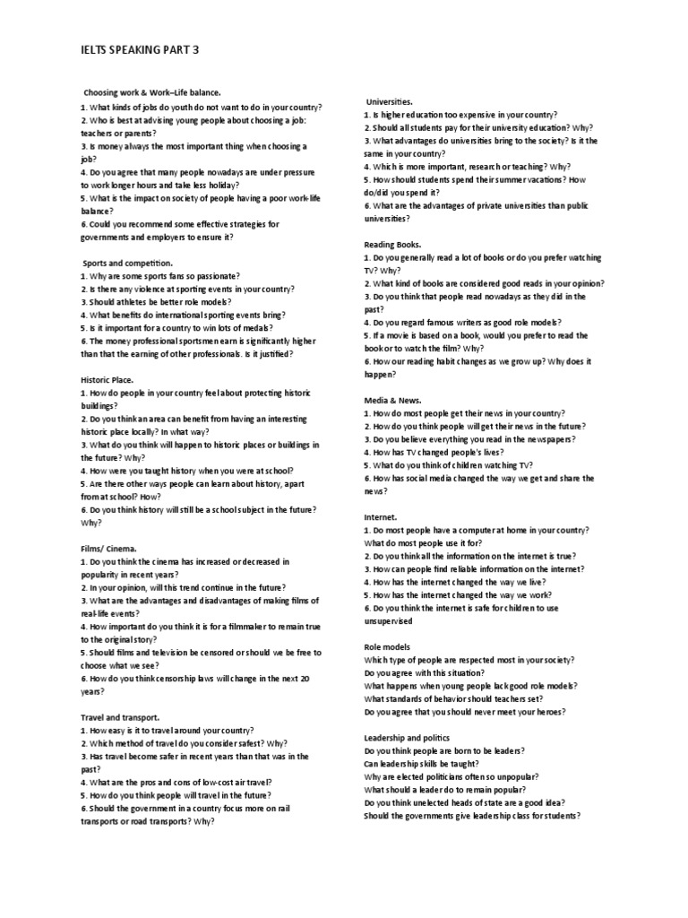 IELTS SPEAKING PART 3 Questions | PDF | Popular Culture & Media Studies ...