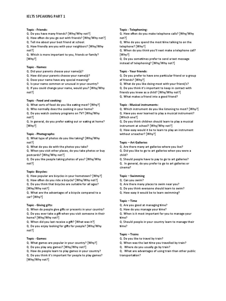 IELTS SPEAKING PART 1 Questions | PDF | Leisure