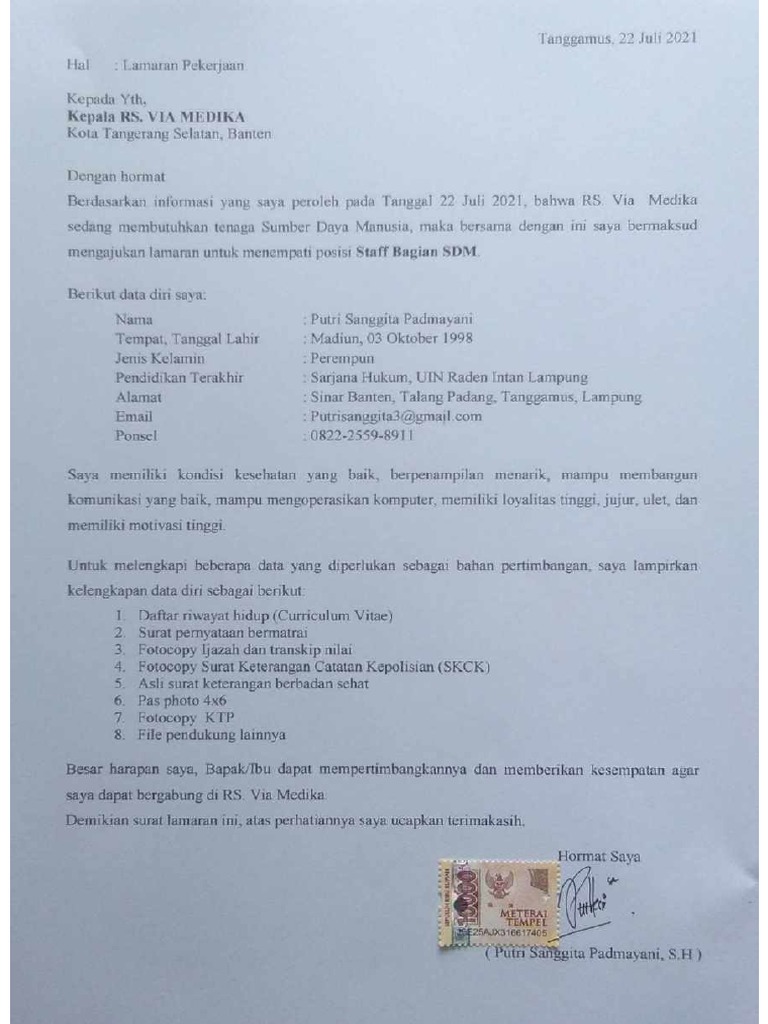 CV Staff SDM Putri Sanggita | PDF