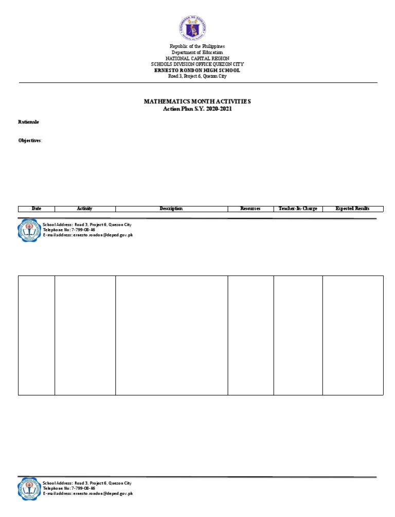 Mathematics Month Activities Action Plan S.Y. 2020-2021: Ernesto Rondon ...