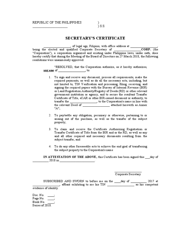 Secretary's Certificare - BIR eCAR Application | PDF | Title (Property ...