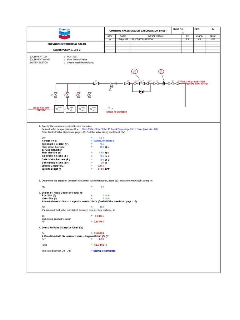 Flow Control Valve Sizing Calculation Sheet for Steam Wash Manifolding ...