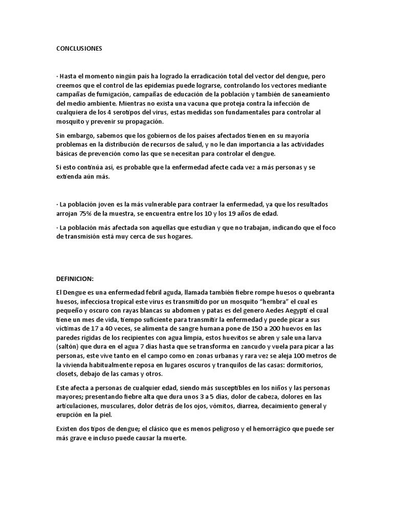 Conclusiones Del Dengue | PDF | Medicina CLINICA | Especialidades Medicas