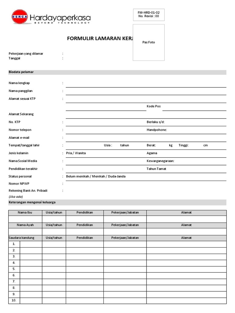 Form Lamaran Kerja FM HR 01 02 2019 | PDF