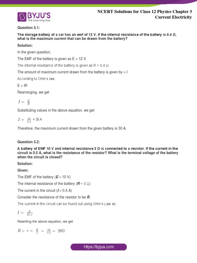 NCERT Solutions For Class 12 Physics Chapter 3 Current Electricity ...