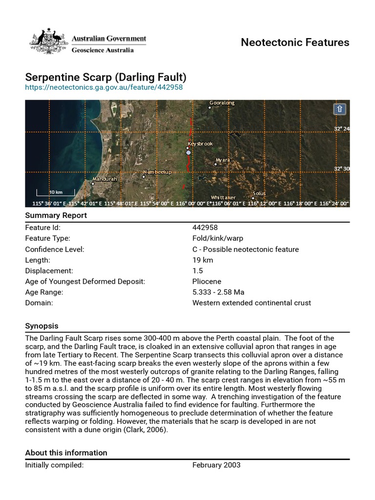 Neotectonic Features Serpentine Scarp (Darling Fault) : Summary Report ...