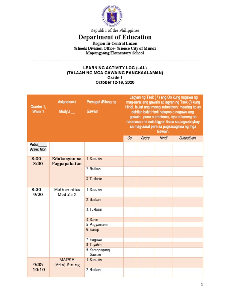 LEARNING-ACTIVITY-LOG Grade 1 Week 2 | PDF