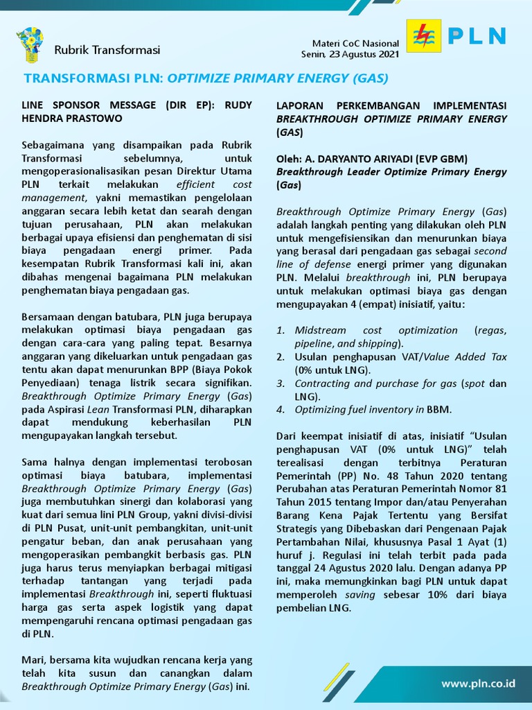 Materi CoC Nasional 23082021 - Rubrik Transformasi OPTIMIZE PRIMARY ENERGY (GAS) | PDF