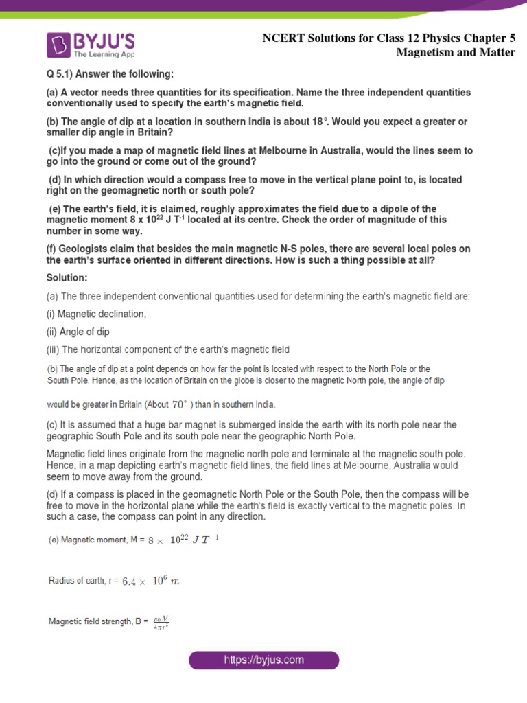 NCERT Solutions For Class 12 Physics Chapter 5 Magnetism and Matter ...