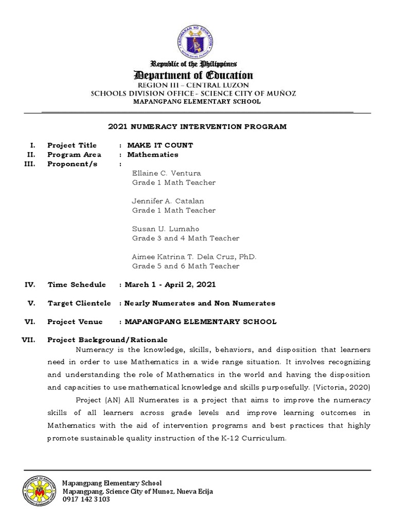 Numeracy Intervention at Mapangpang School | PDF | Teachers | Learning