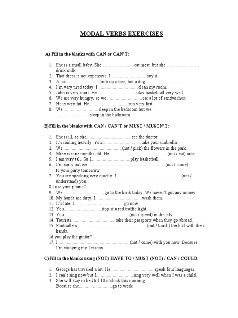 Modal Verbs Exercises: A) Fill in The Blanks With CAN or CAN'T | PDF