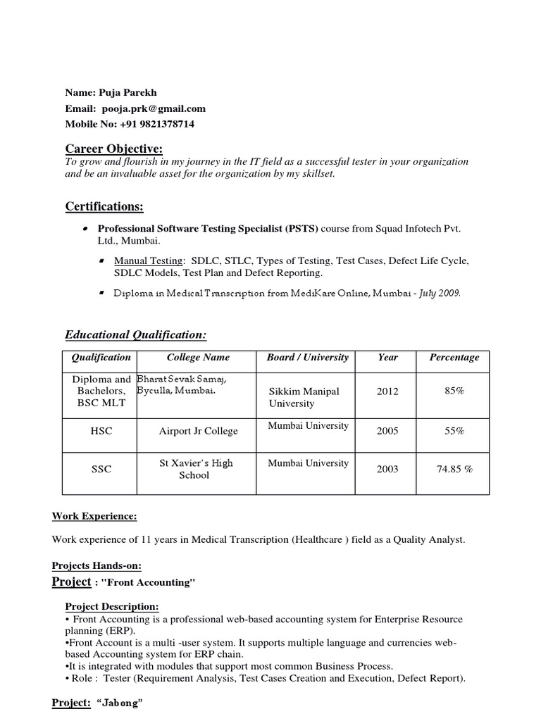 IT Tester Resume - Puja Parekh | PDF | Business | Information Technology