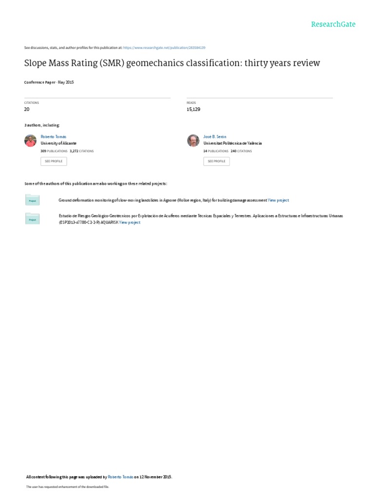 Slope Mass Rating (SMR) Geomechanics Classification: Thirty Years ...