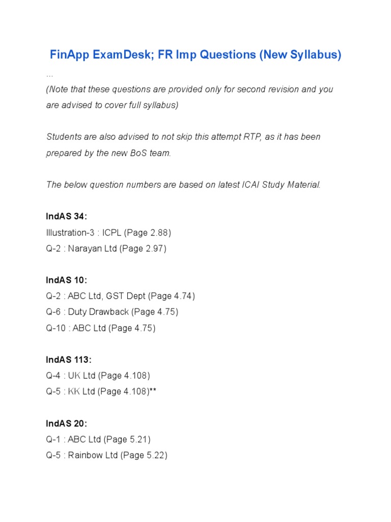 FR IndAS Mock Test Questions Mapped to ICAI Study Material for Revision ...
