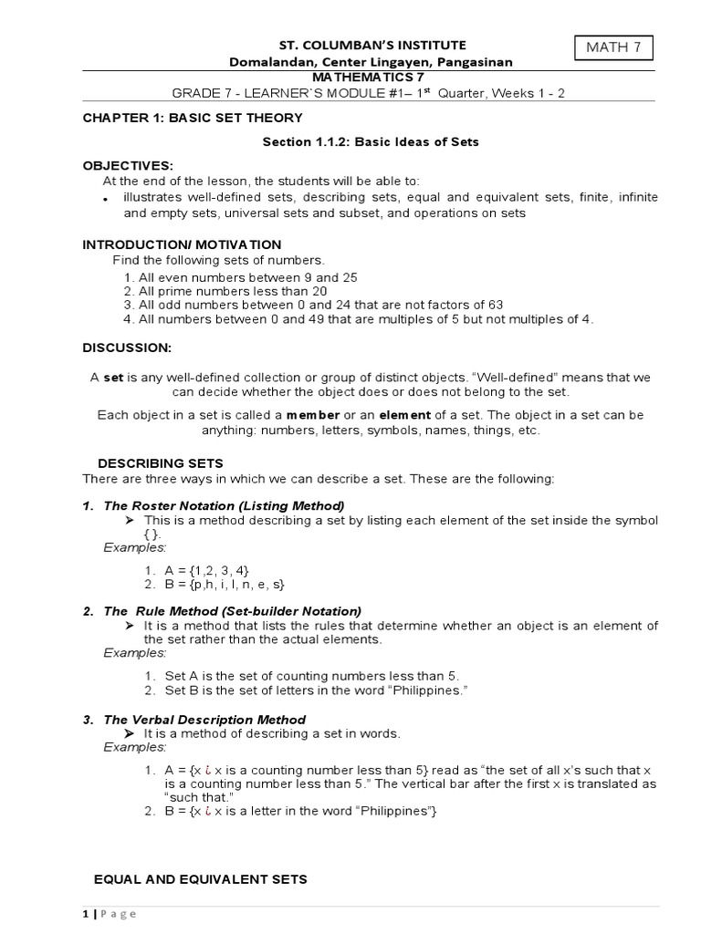 Math 7. Quarter 1. Week 1-2 | PDF | Set (Mathematics) | Mathematical ...