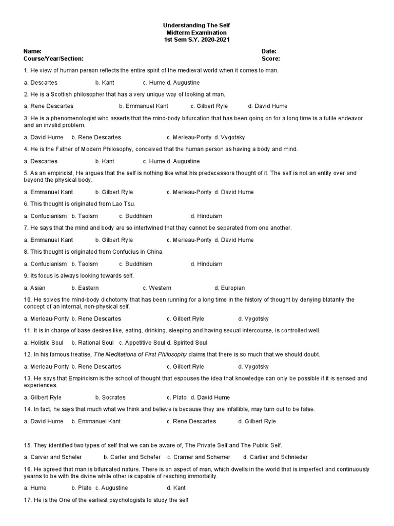 Understanding The Self Midterm Examination 1st Sem S.Y. 2020-2021 Name ...