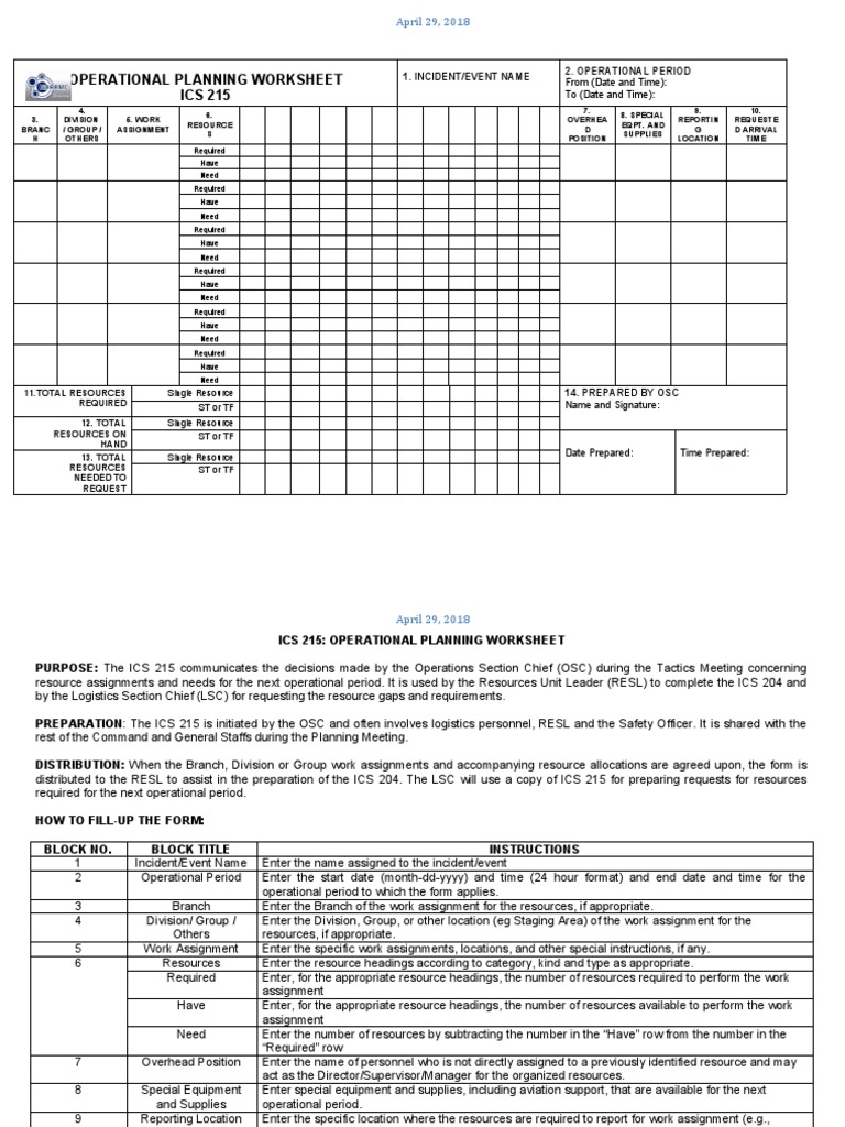 Operational Planning Worksheet ICS 215: 1. Incident/Event Name 2 ...