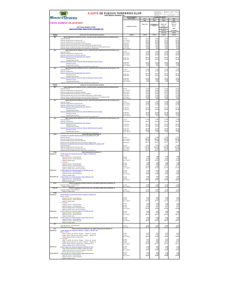 Pliego Tarifario Electro Oriente | PDF | Energia electrica | Vatio