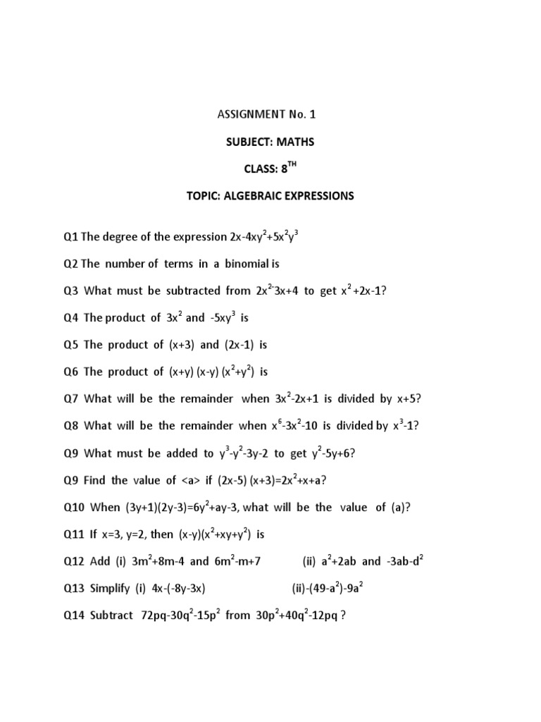CBSE Class 8 Algebraic Expressions and Identities Worksheet | PDF