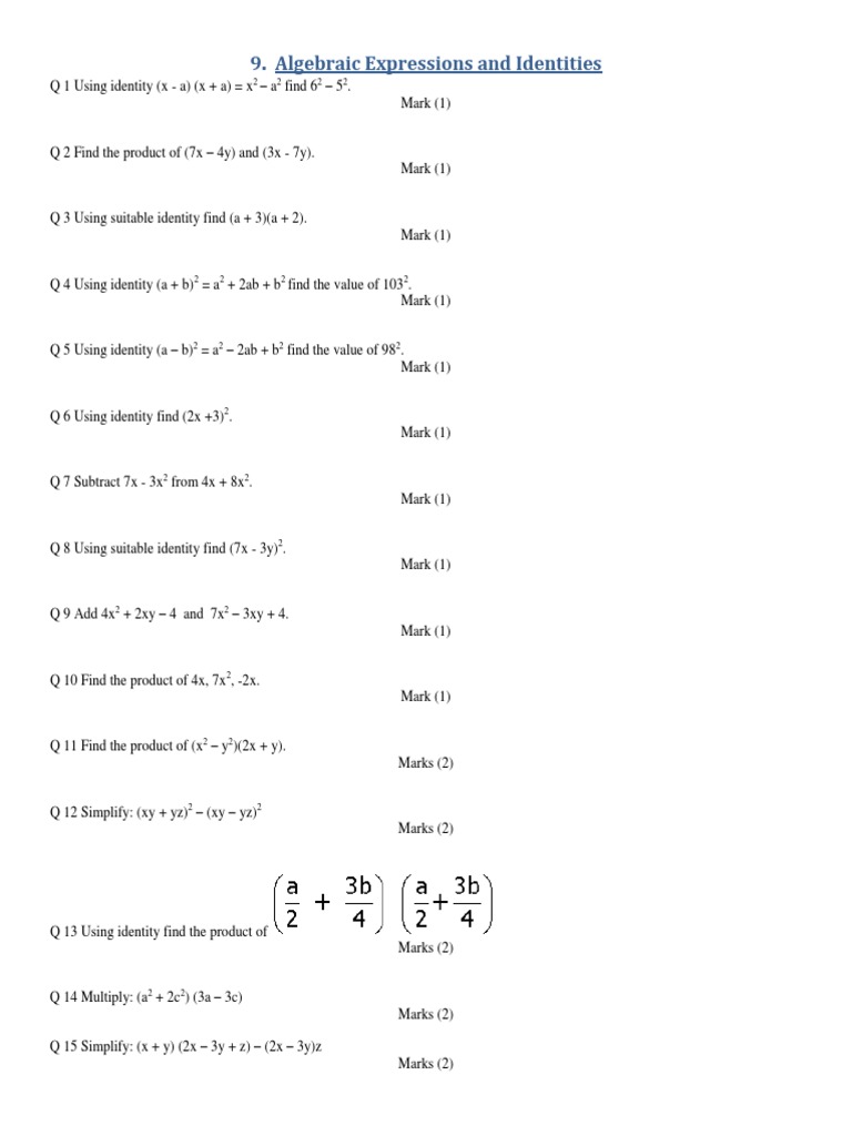 Class 8 Algebraic Expressions Worksheet | PDF | Multiplication ...