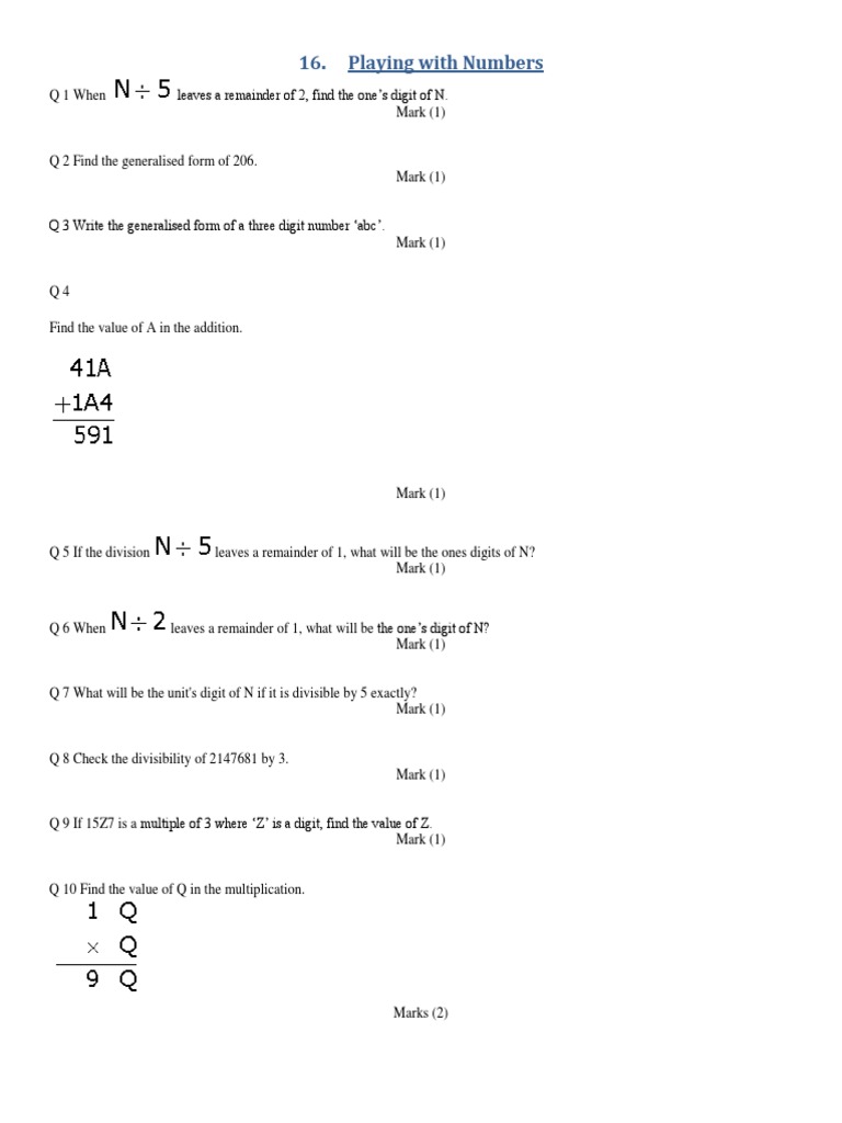 CBSE Class 8 Mathematics Worksheet - Playing With Numbers | PDF ... CBSE Class 8 Mathematics Worksheet - Playing With Numbers | PDF ...