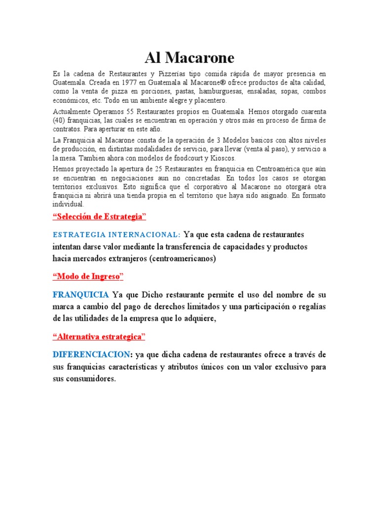 Menú y Franquicias de Al Macarone | PDF | Negocios