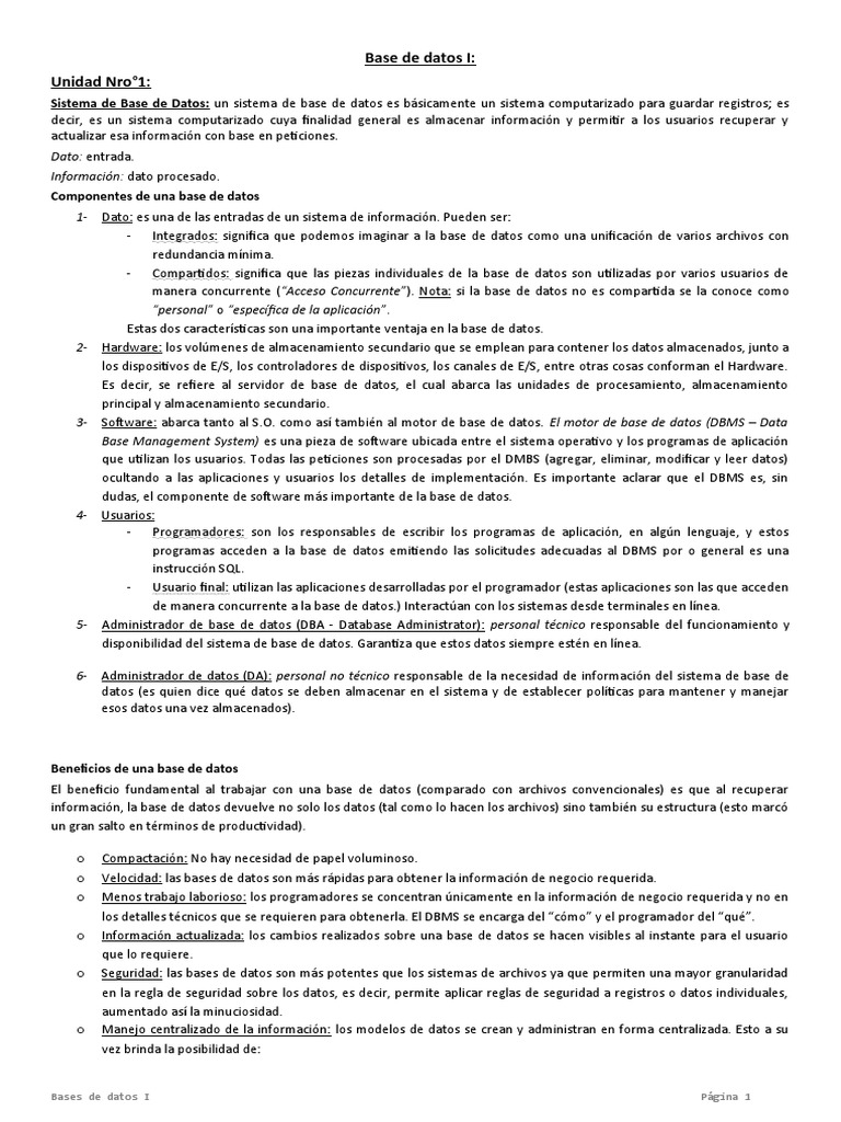 Resumen Base de Datos | PDF | SQL | Bases de datos