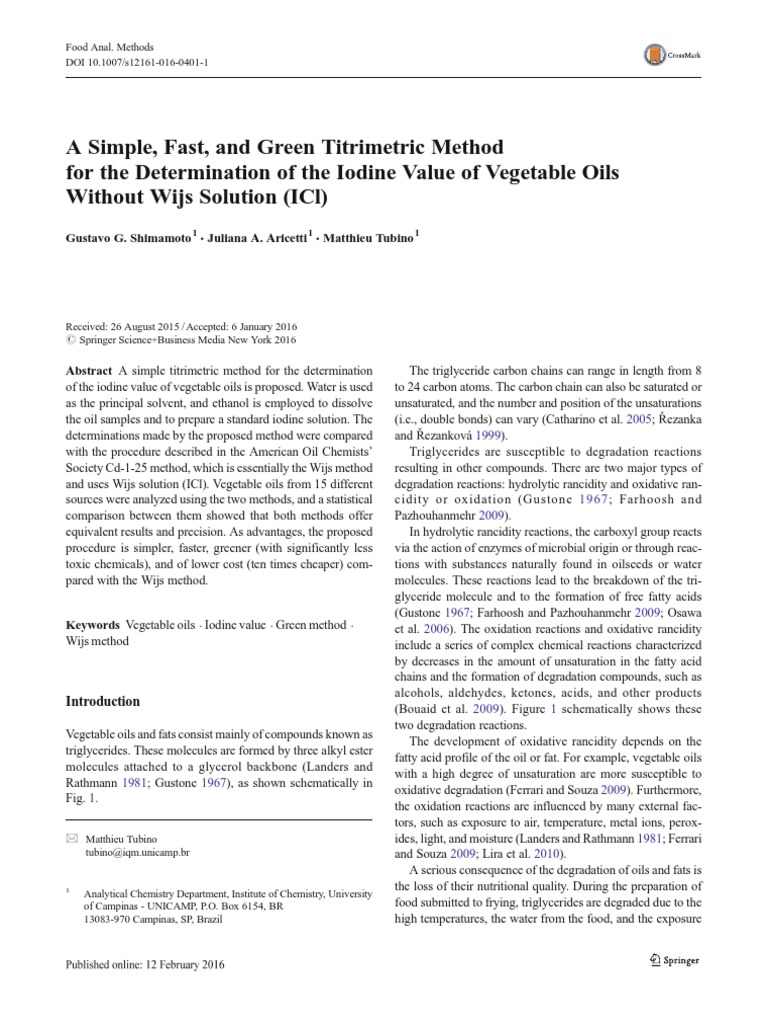 A Simple, Fast and Green Titrimetric Method For The Determination of The Iodine Value of ...