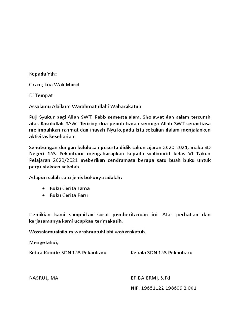 SRT Permitan Buku Ke Wali Murid Kls VI.6 | PDF