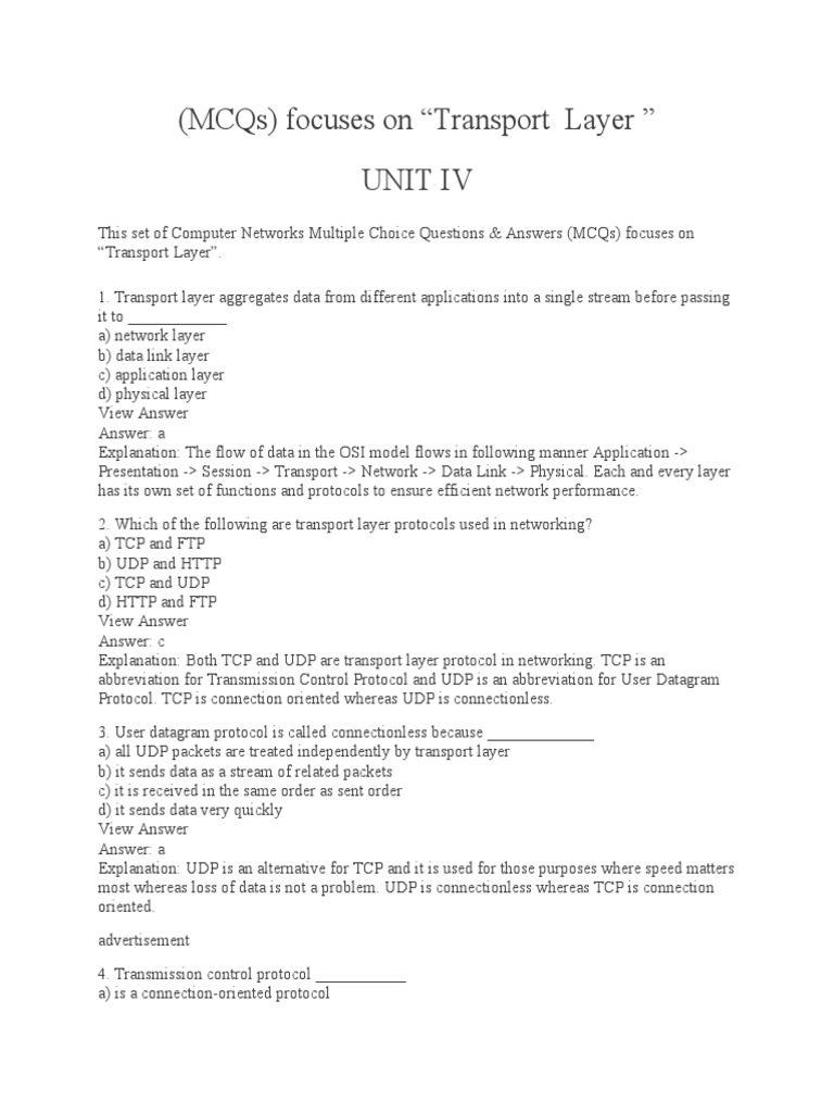 Computer Networks Multiple Choice Questions | PDF | Internet Protocol Suite | Transmission ...