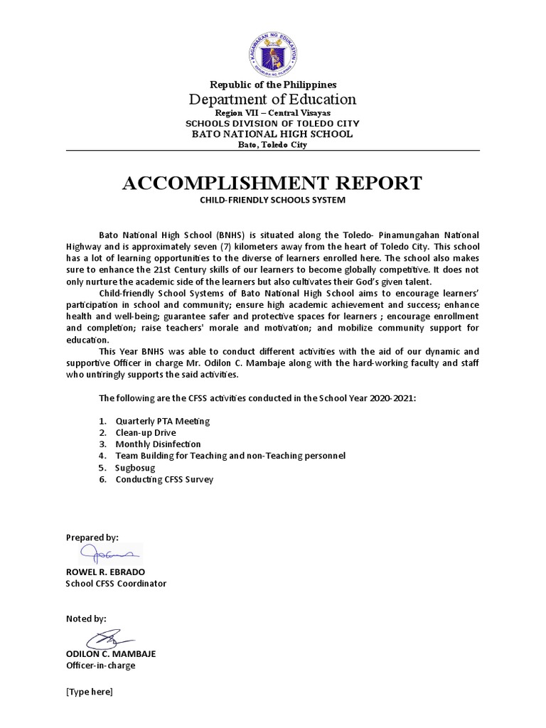 BATO NHS CFSS Accomplishment Report | PDF | Human Nature | Pedagogy