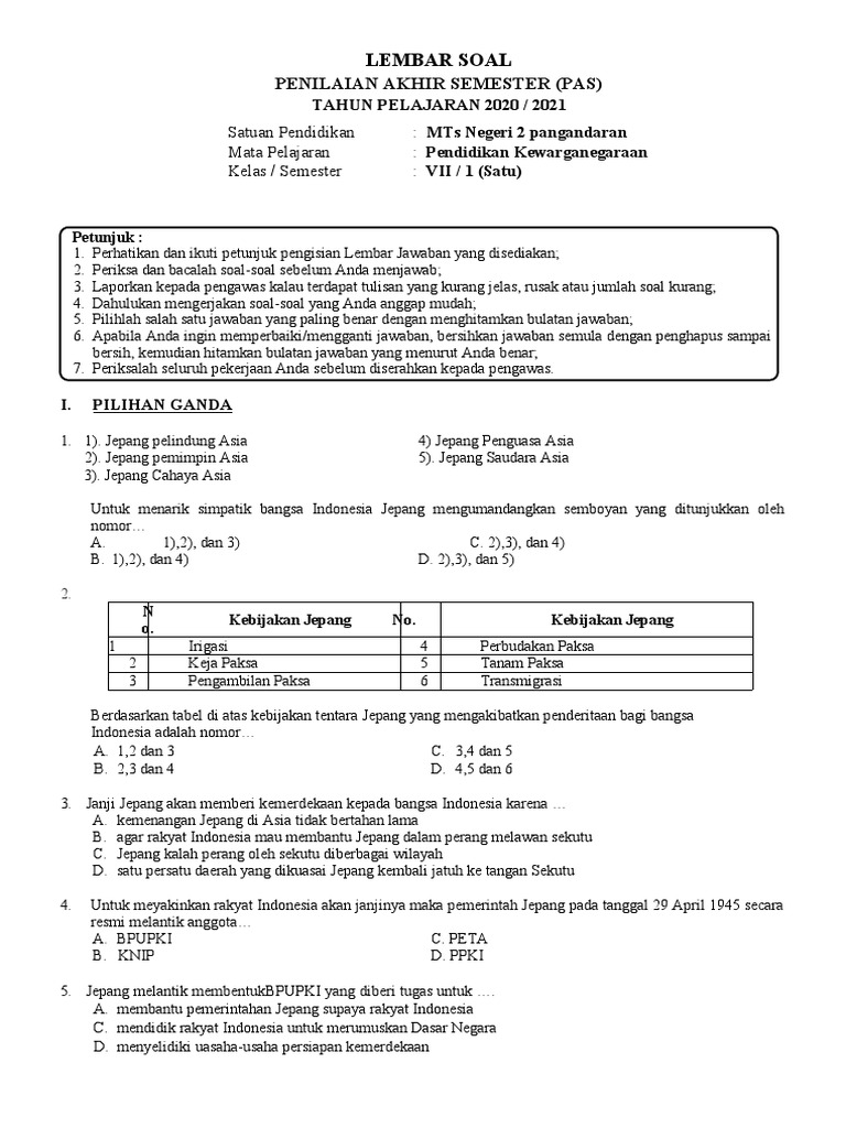 Soal PAS PKN Kelas 7 K13 | PDF | Politik