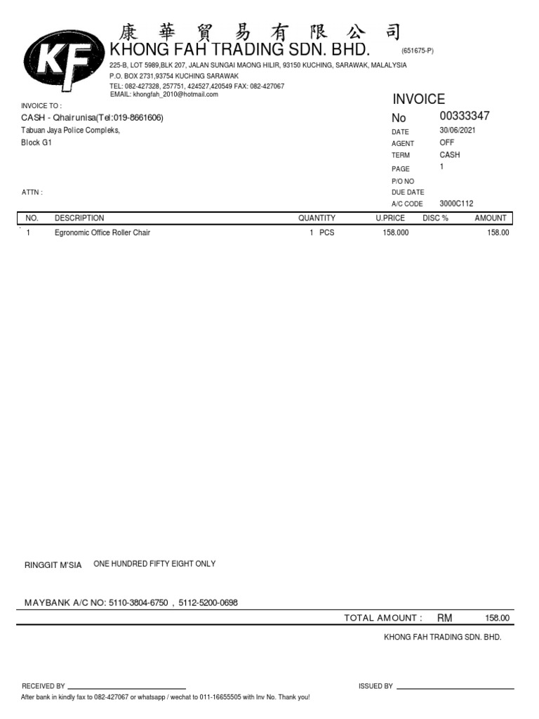Khong Fah Trading Sdn. BHD.: Invoice | PDF | Malaysia