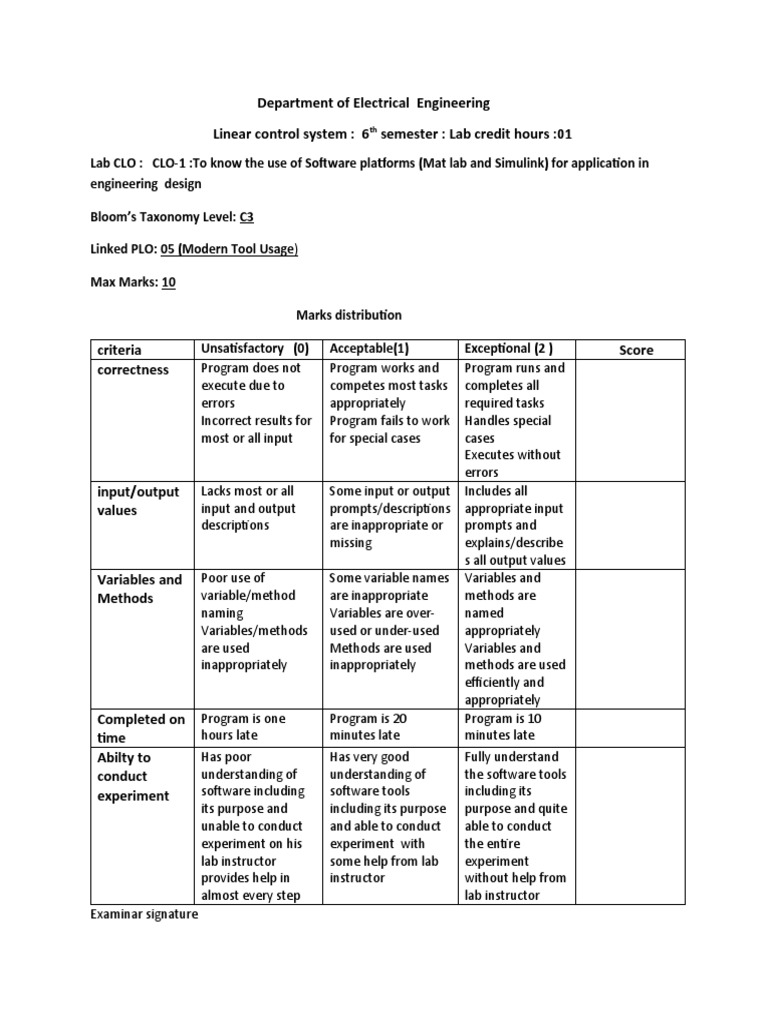 Department of Electrical Engineering Linear Control System: 6 Semester ...