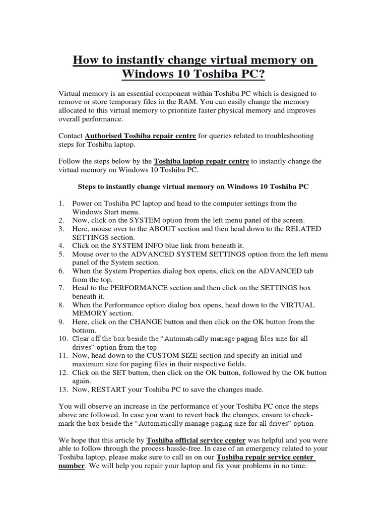 How To Instantly Change Virtual Memory On Windows 10 Toshiba PC | PDF
