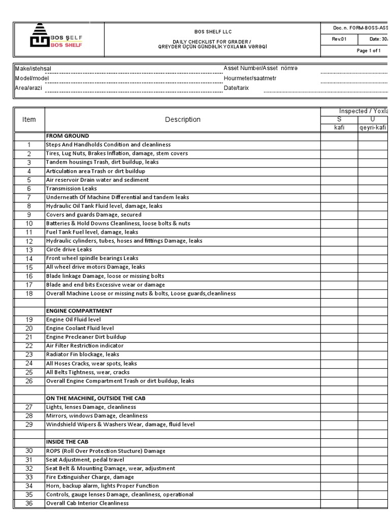 Quarterly Preventative Maintenance Checklist for Motor Grader | PDF ...