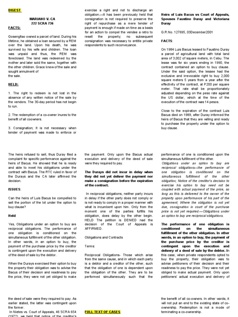 Digest Mariano V. Ca 222 SCRA 736 Facts: Heirs of Luis Bacus Vs Court ...