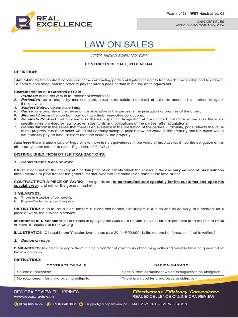 Law On Sales: Atty. Nicko Soriano, Cpa | PDF | Foreclosure | Offer And ...