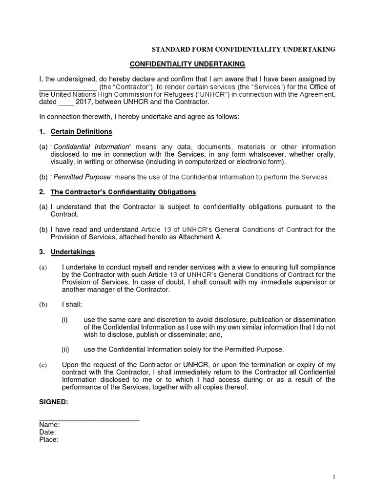 UNHCR Confidentiality Undertaking Form | PDF | Confidentiality ...