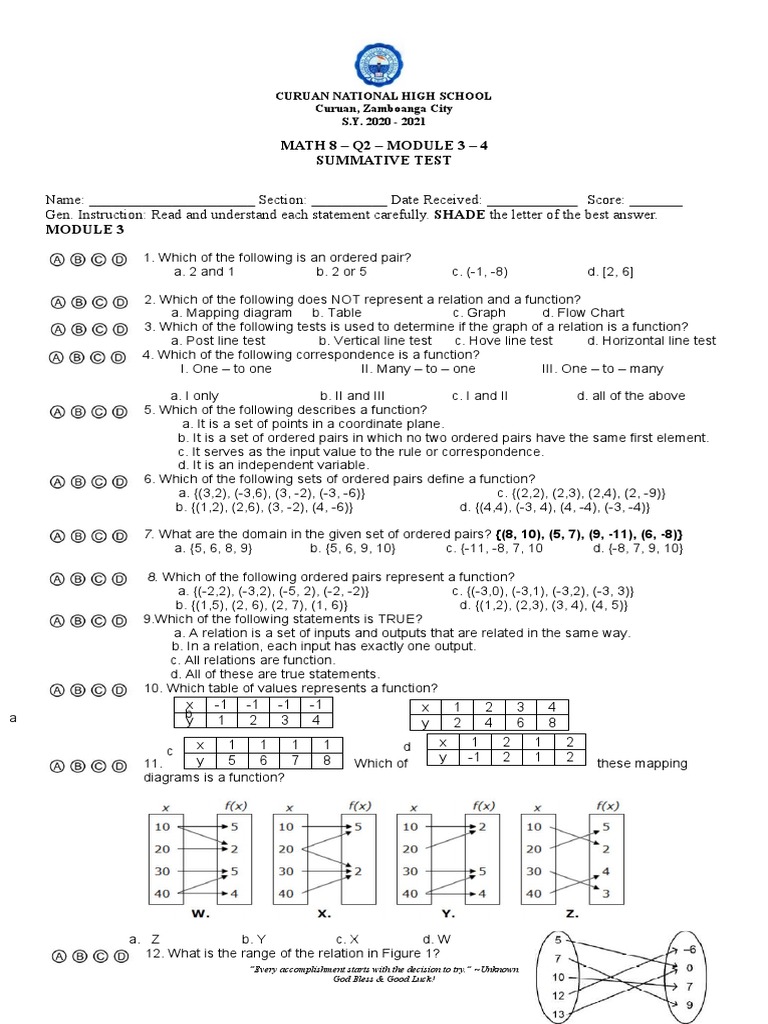 Grade 8 Math - Q1 - W3-4 Summative Test | PDF | Function (Mathematics ...