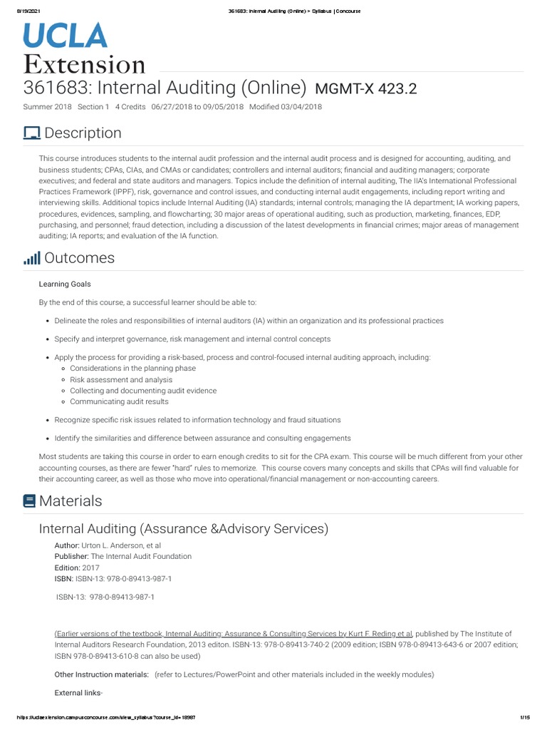 Internal Auditing (Online) - Syllabus - Concourse | PDF | Internal Audit | Internal Control