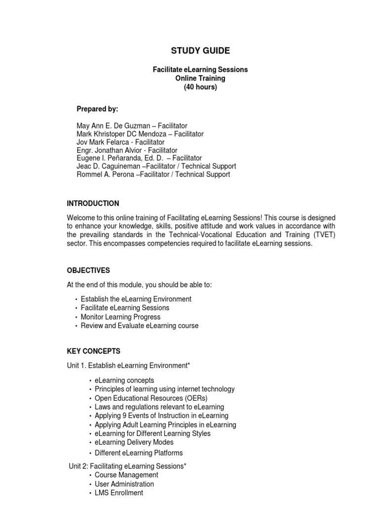 Study Guide: Facilitate Elearning Sessions Online Training (40 Hours ...