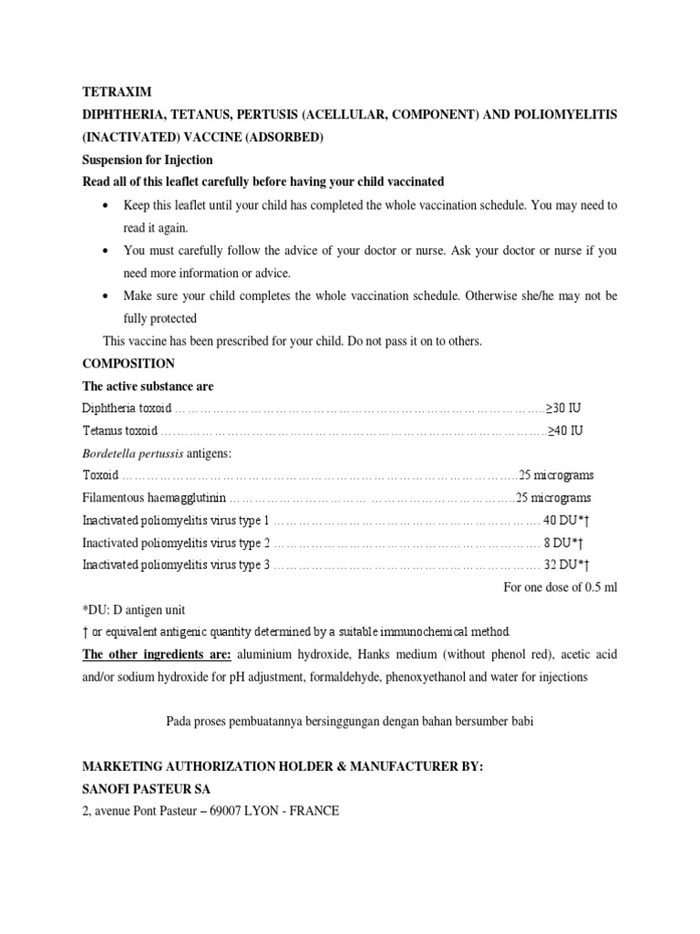 Tetraxim | PDF | Vaccines | Injection (Medicine)