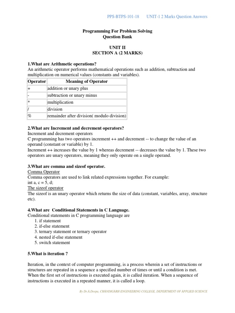 PPS-BTPS-101-18 UNIT-1 2 Marks Question Answers | PDF | Control Flow | C (Programming Language)